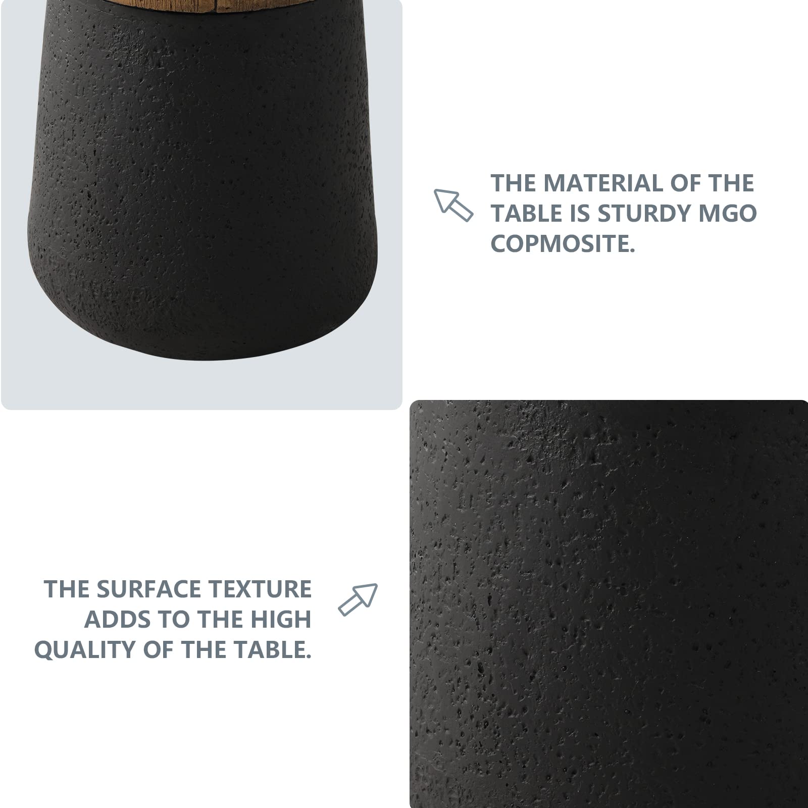 COSIEST 2 Pieces Outdoor Side Table, Set of 2 Drum End Table, Cylinder Shaped Concrete Side Table Faux-Wood Top, Black Outdoor Accent Table with Tree Trunk Slice Hand Painted, Accent Stool