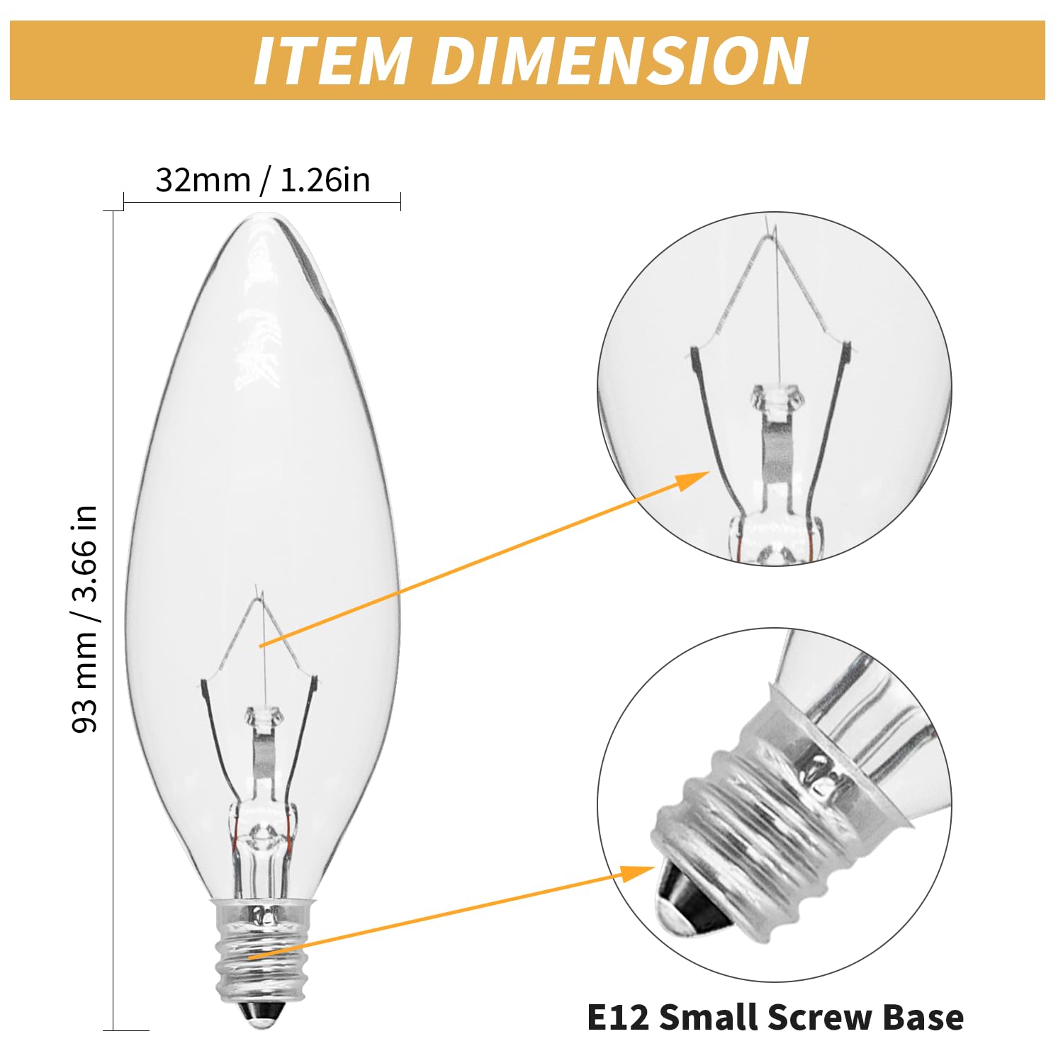 CYLYT 12-Pack E12 Candle Light Bulbs 40W Warm White 2500K, 380 Lumen Dimmable Chandelier Light Bulbs for Ceiling Fan, Pendants or Outdoor, B10 Clear Candelabra Base Bulbs
