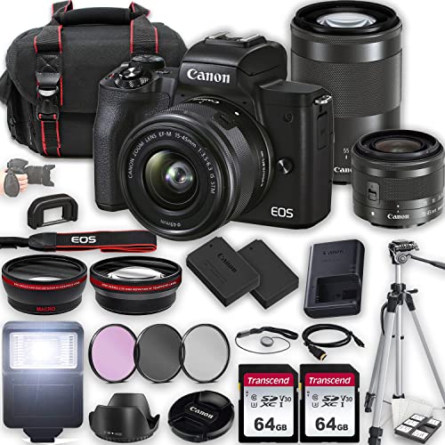Canon EOS M50 Mark II Mirrorless Camera w/EF-M 15-45mm f/3.5-6.3 is STM Lens + EF-M 55-200mm f/4.5-6.3 is STM Lens + 2X 64GB Memory + Case + Filters + Tripod + More (35pc Bundle) (Renewed)