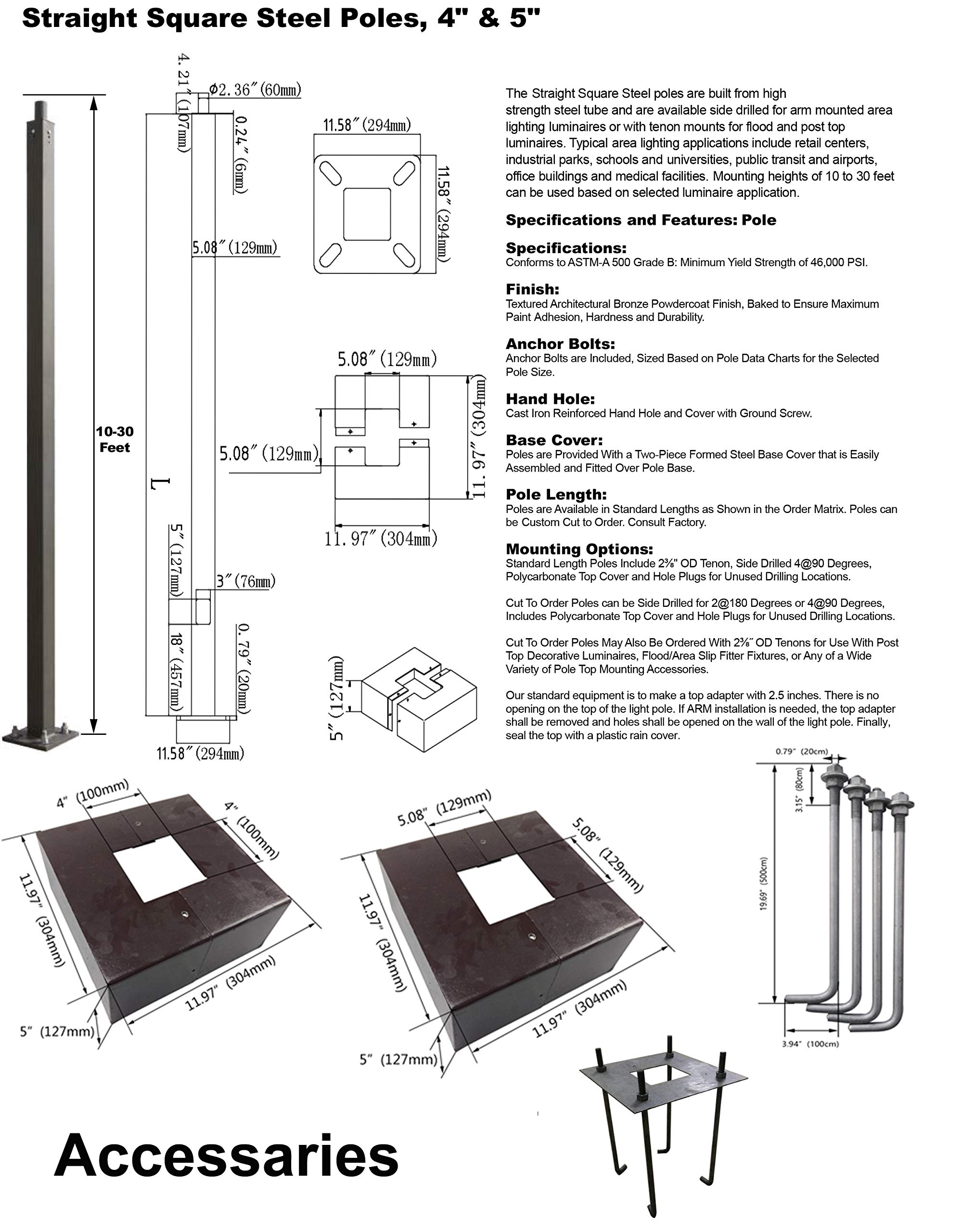 CHIUER 15FT 4'' Straight Square Steel Light Pole with Removable Round Top Adapter and All Accessaries Including Anchor Bolts Top Cover Bronze Fnish (15FT - 4'')