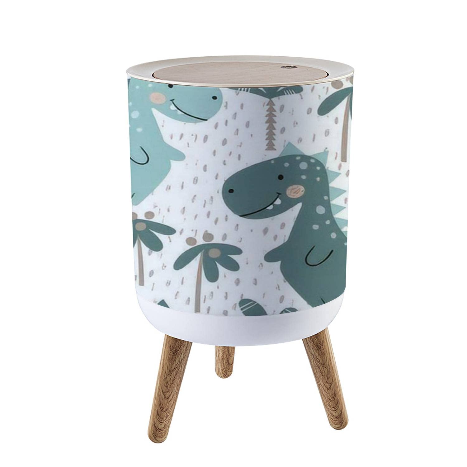IBPNKFAZ89 Dinosaur Kids Small Cute Bathroom Trash Can with Lid, Kawaii Dog Child Proof Dino Palm Garbage Bin, Wood Waste Bin, Press Cover, Round Wastebasket, 8.66 x 14.3 inch