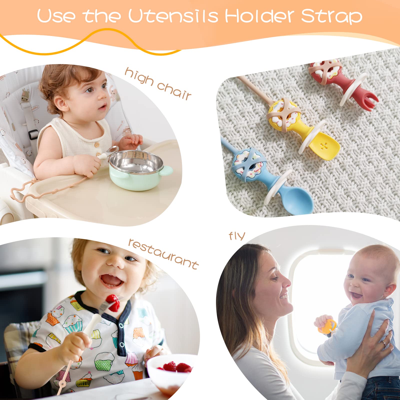 Baby Spoons Self Feeding 6 Month,SMAutoLife Toddler Utensils Holder Strap Food Grade Silicone Keep Fork and Spoon Off The Floor Great for Kids,Hook On High Chair(Orange)