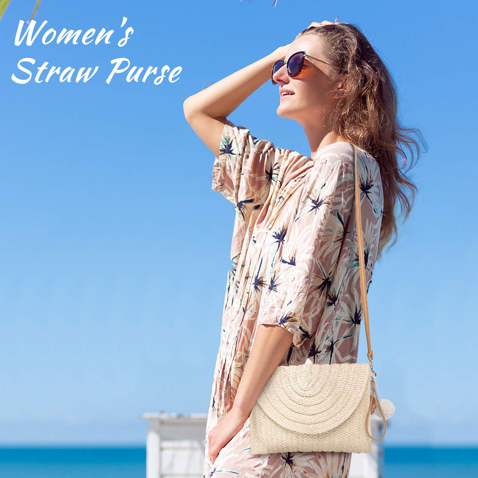 Kadell Straw Shoulder Bag, Straw Clutch Women Handmade Straw Bag Summer Beach Envelope Purse Wallet (Off-white)