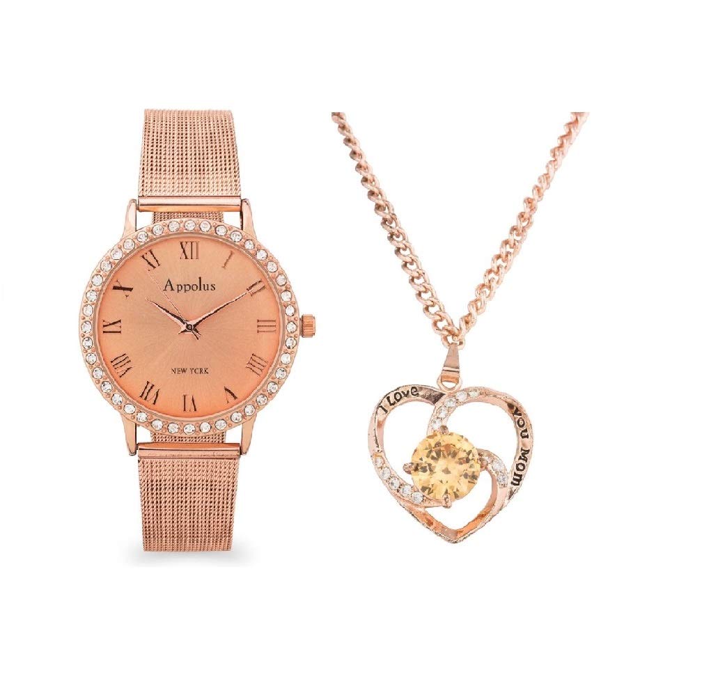Appolus Gifts For Mom Engraved I Love You Mom Watch Necklace Set with rose gold-tone Cubic Zirconia