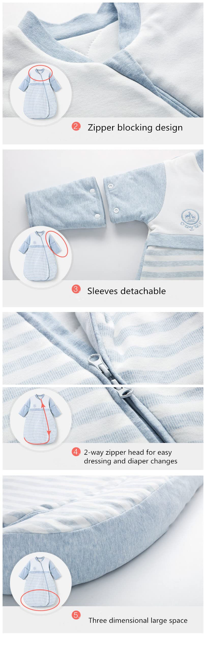 CYUURO Baby Sleeping Bag Sleeves Detachable Kids Wearable Blanket Toddlers Thick Cold Weather，Blue 60-68℉
