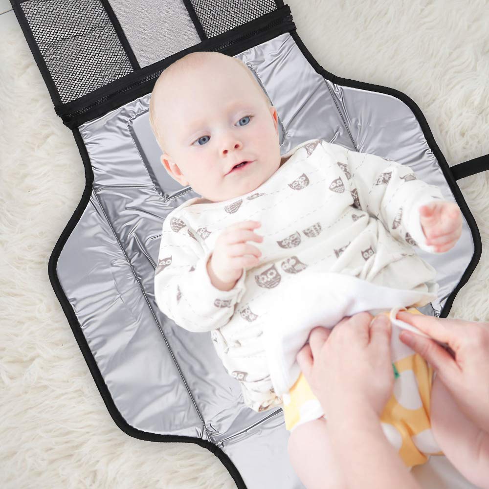 Baby Portable Changing Pad, Waterproof Diaper Bag, Travel Mat Station Built-in Head Cushion and Pockets Grey Large