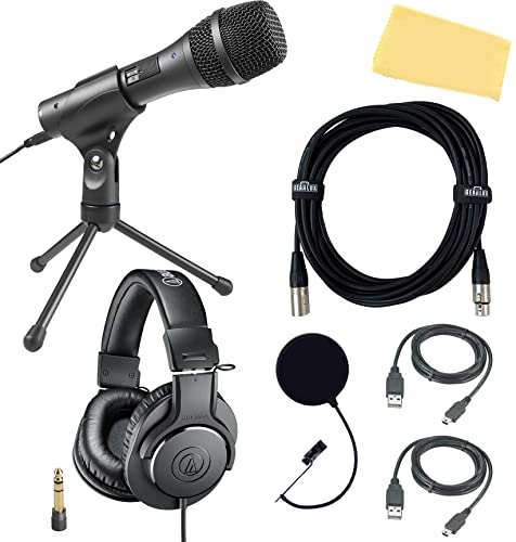 Audio-Technica Education Pack with AT2005USB USB/XLR Microphone, ATH-M20x Headphones, Stand Clamp, Tripod Stand, USB-A and USB-C Cables, XLR Cable, Pop Filter, and Austin Bazaar Polishing Cloth