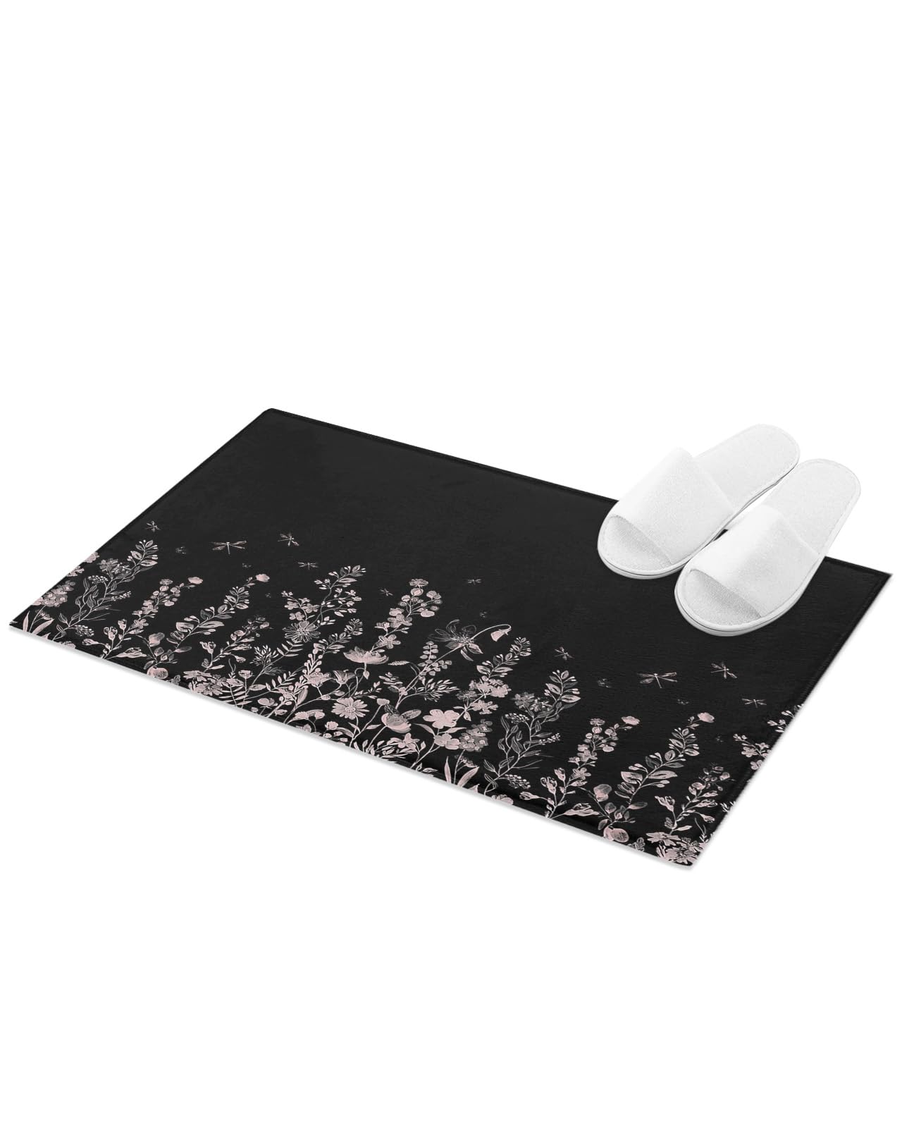 Black Flower Plush Rug Non Slip Bath Mat, Soft Shaggy Long Fur Fuzzy Bath Rugs 16" x 24" Vintage Floral Aesthetic Leaves Dragonfly Carpet Mat for Bathroom Shower Home