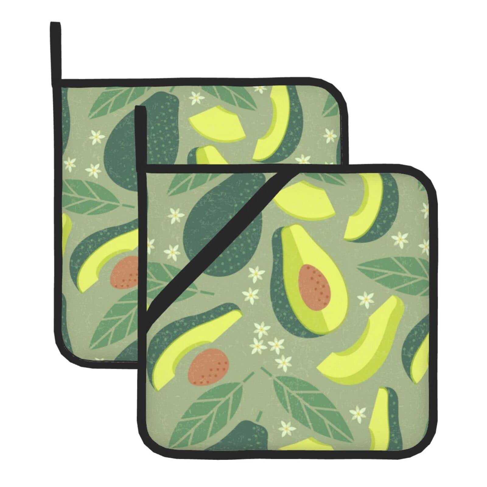 Avocado Leaves Flowers Pattern Pot Holders Set Heat Resistant Non Slip Oven Hot Pads with Hand Pockets and Hanging Loops for Kitchen Baking Cooking,Set of 2