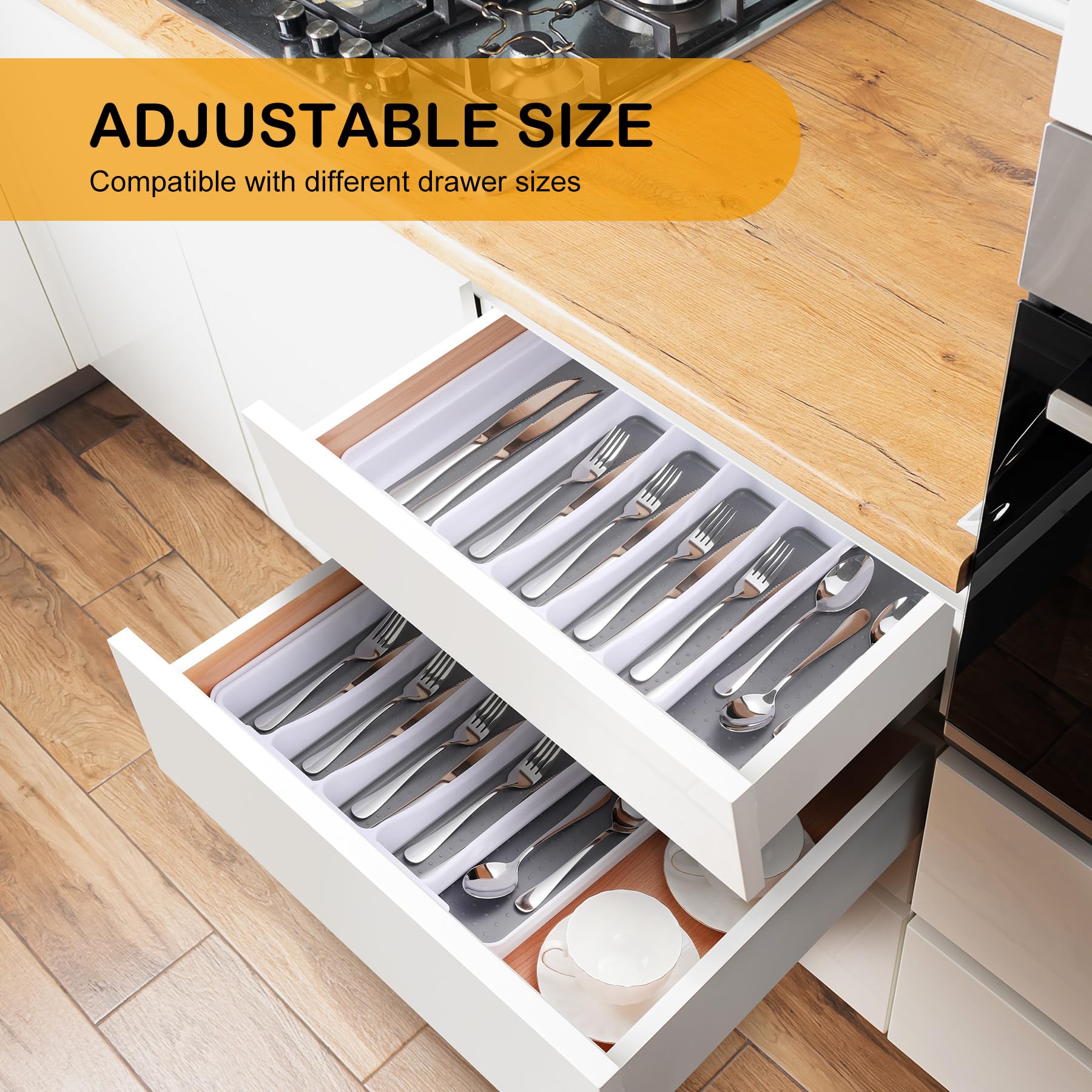 CiWiVOKi Utensil Drawer Organizer, Expandable Silverware Organizer for Kitchen Drawer, Large Cutlery Tray Flatware Holder, Plastic Kitchen Storage for Spoons Knives Forks, 7-Slots, White/Grey