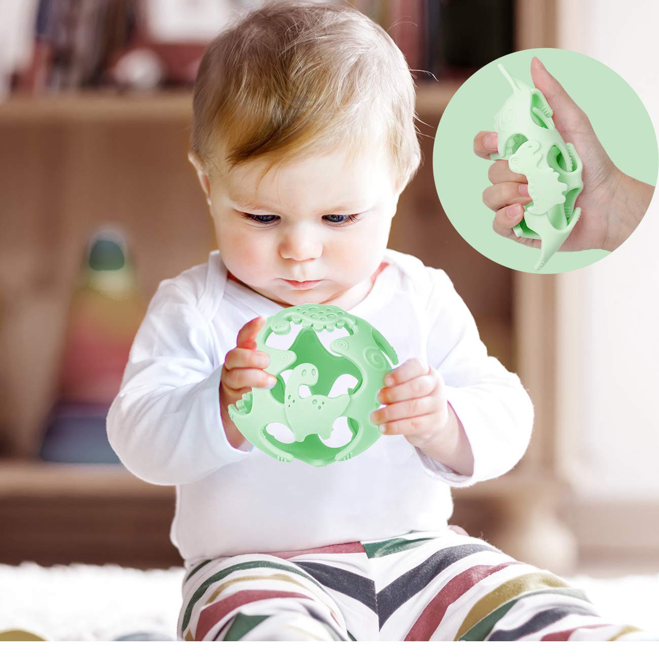 Baby Teething Toys for 3+ Months, Dinosaur Teethers for Babies, Safe Baby Teether Ball, Baby Teething Pacifier, Soft and Durable Teething Balls (Mint)