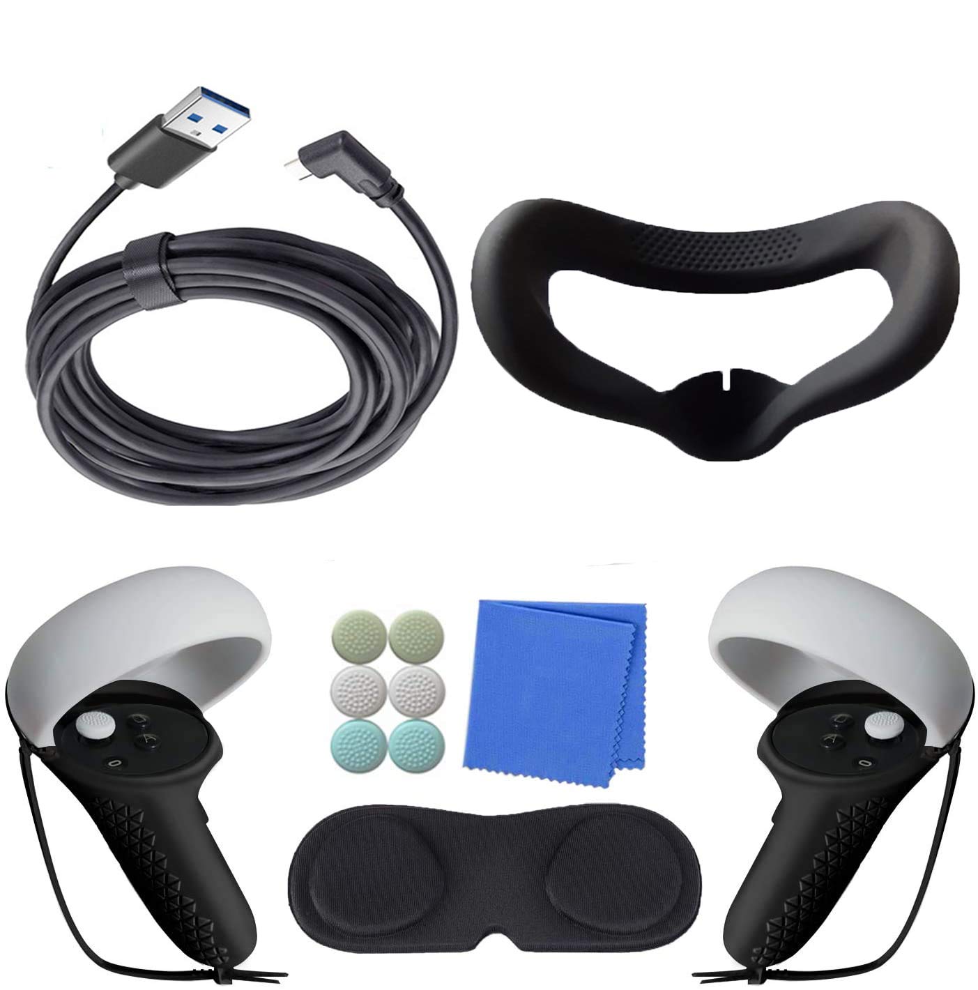 Beeka Oculus Quest 2 Accessories Set, 16FT Link Cable Type C for Gaming n Fast Charging, Touch Controller Grip Cover with Straps, Silicone Face Cover, Lens Cover and Rocker Cover