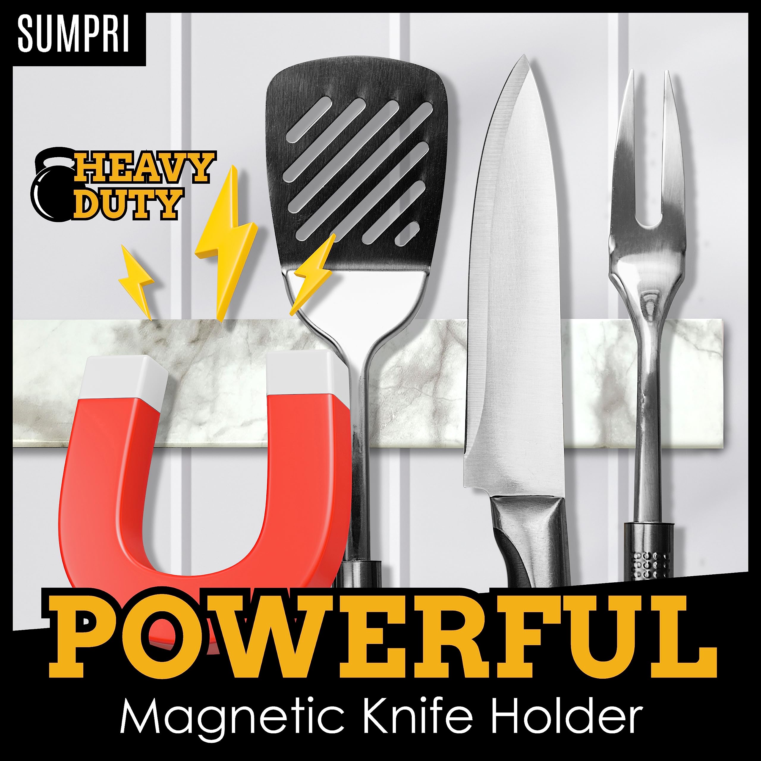 SUMPRI Magnetic Knife Holder for Wall (16Inch -Stainless Steel) Magnet Knife Strip -Strong Powerful Knife Rack Storage Display Organizer-Securely Hang Your Knives On a Multipurpose Kitchen Bar-Marble