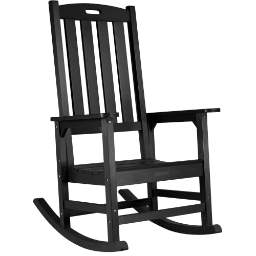 Cecarol Patio Oversized Rocking Chair Outdoor, Weather Resistant, Low Maintenance, High Back Front Porch Rocker Chairs 385lbs Support Poly Lumber Rocker, Wood-Like Plastic Chair, Black-PRC01