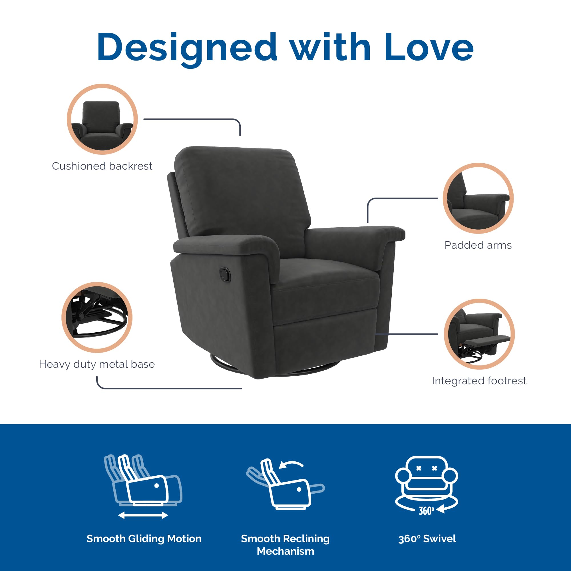 Baby Relax Terrin 3-in-1 Gliding Swivel Recliner Chair, Charcoal