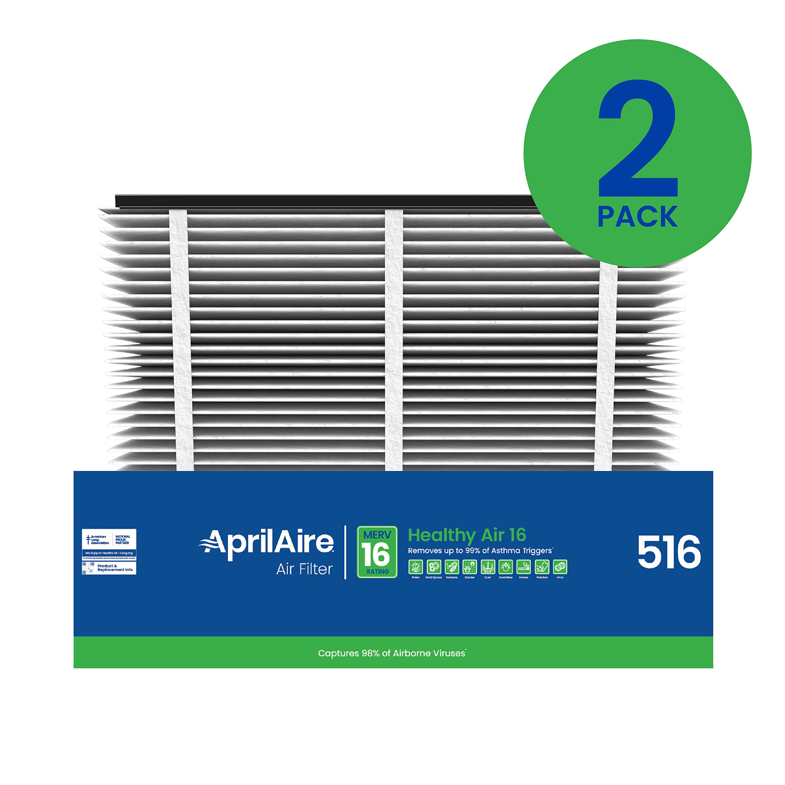 AprilAire 516 Replacement Filter for AprilAire Whole House Air Purifiers - MERV 16, Allergy, Asthma, & Virus, 31x28x4 Air Filter (Pack of 2)