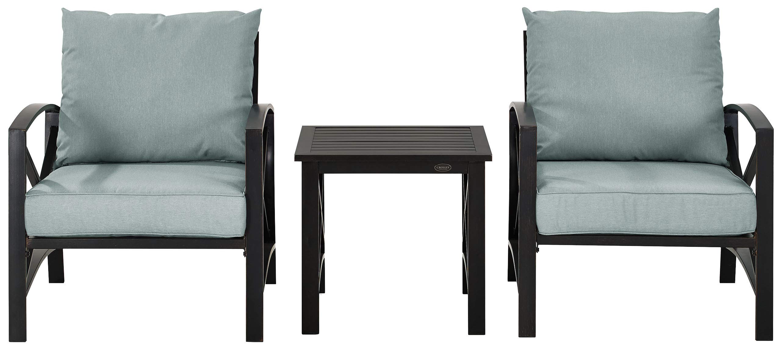 Crosley Furniture Kaplan 3-Piece Outdoor Chair and Side Table Set, Patio Conversation Sets for Porch, Deck, Oiled Bronze with Mist Cushions