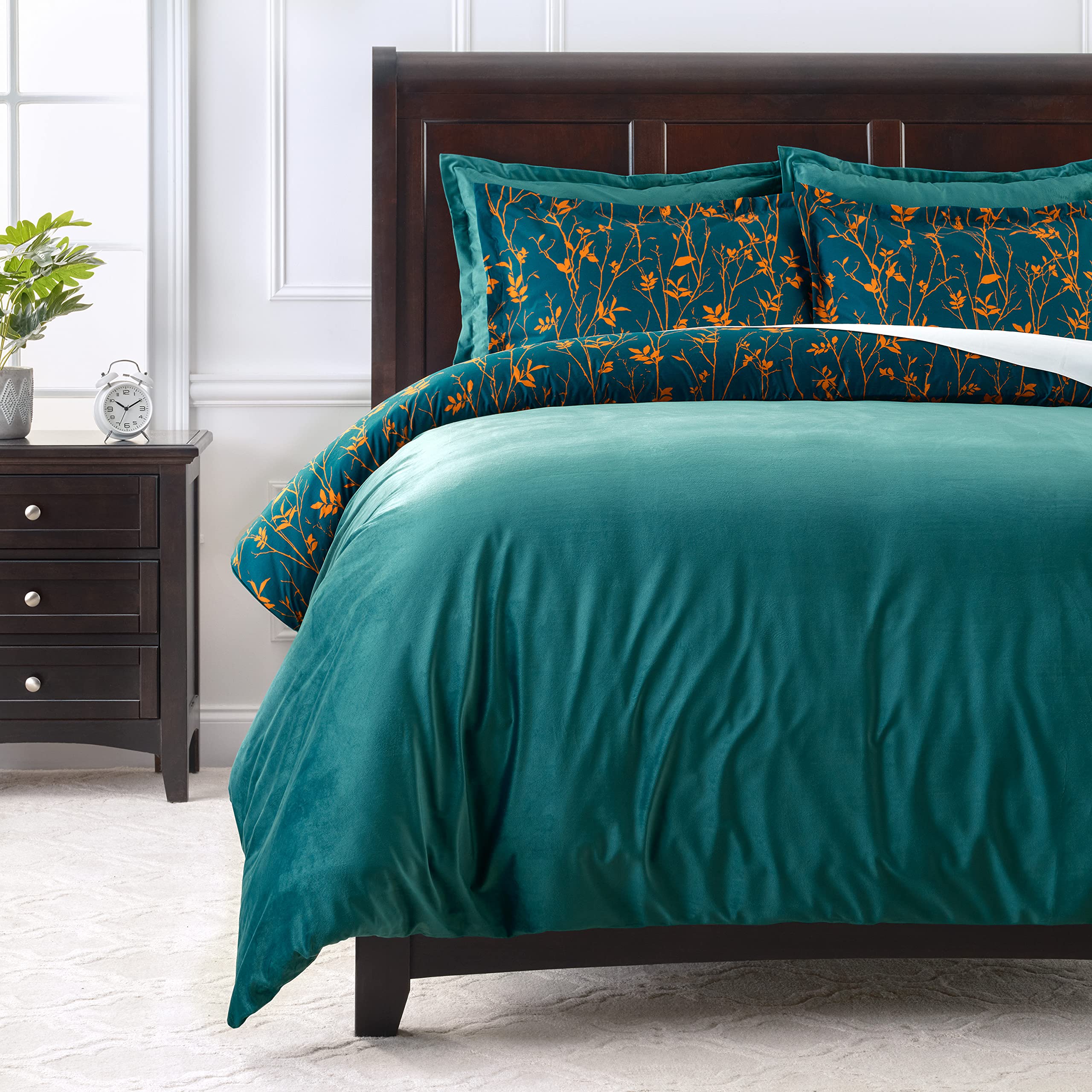Chanasya Premium 5-Piece Reversible Ultra Soft Brushed Microfiber Velvet Bedding Comforter Duvet Cover Set - Teal Yellow Bramble Leaves Foliage Print - (1 Duvet Cover & 4 Pillow Shams) - Queen Bed