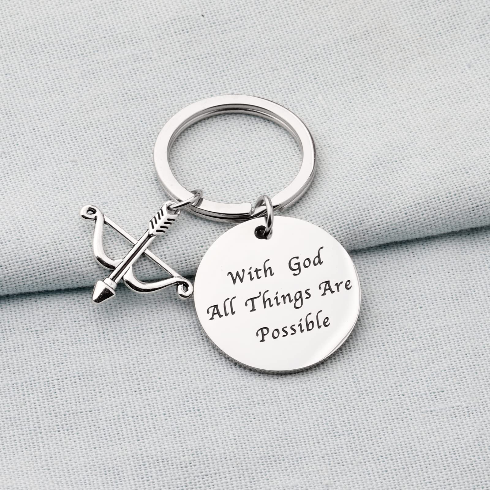 BEKECH Archery Sport Player Gift With God All Things Are Possible Arrow Bowhunting Charm Keychain for Archery Team Archery Lover Hunting Lover (silver)