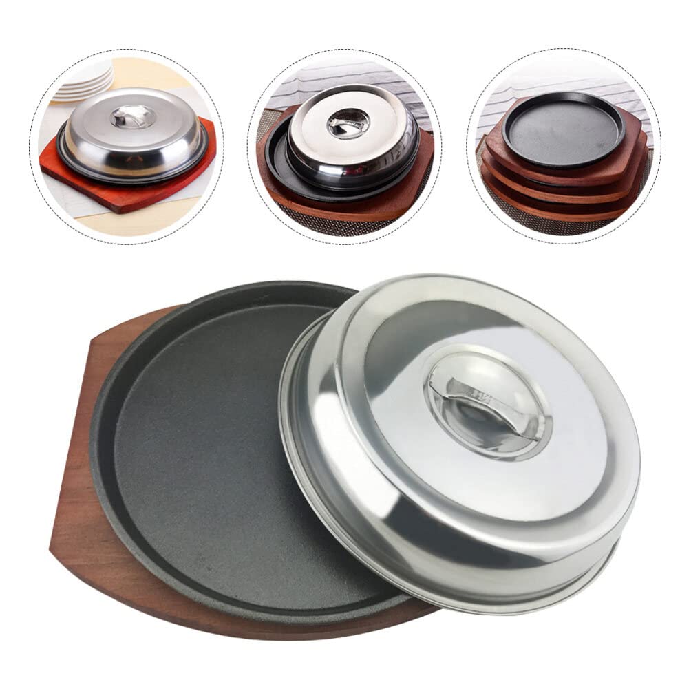 Cabilock Cast Iron Steak Plate Metal Sizzle Griddle with Wooden Base and Cover Foodservice Platter Steak Pan Grill Server Plate for Household Restaurant