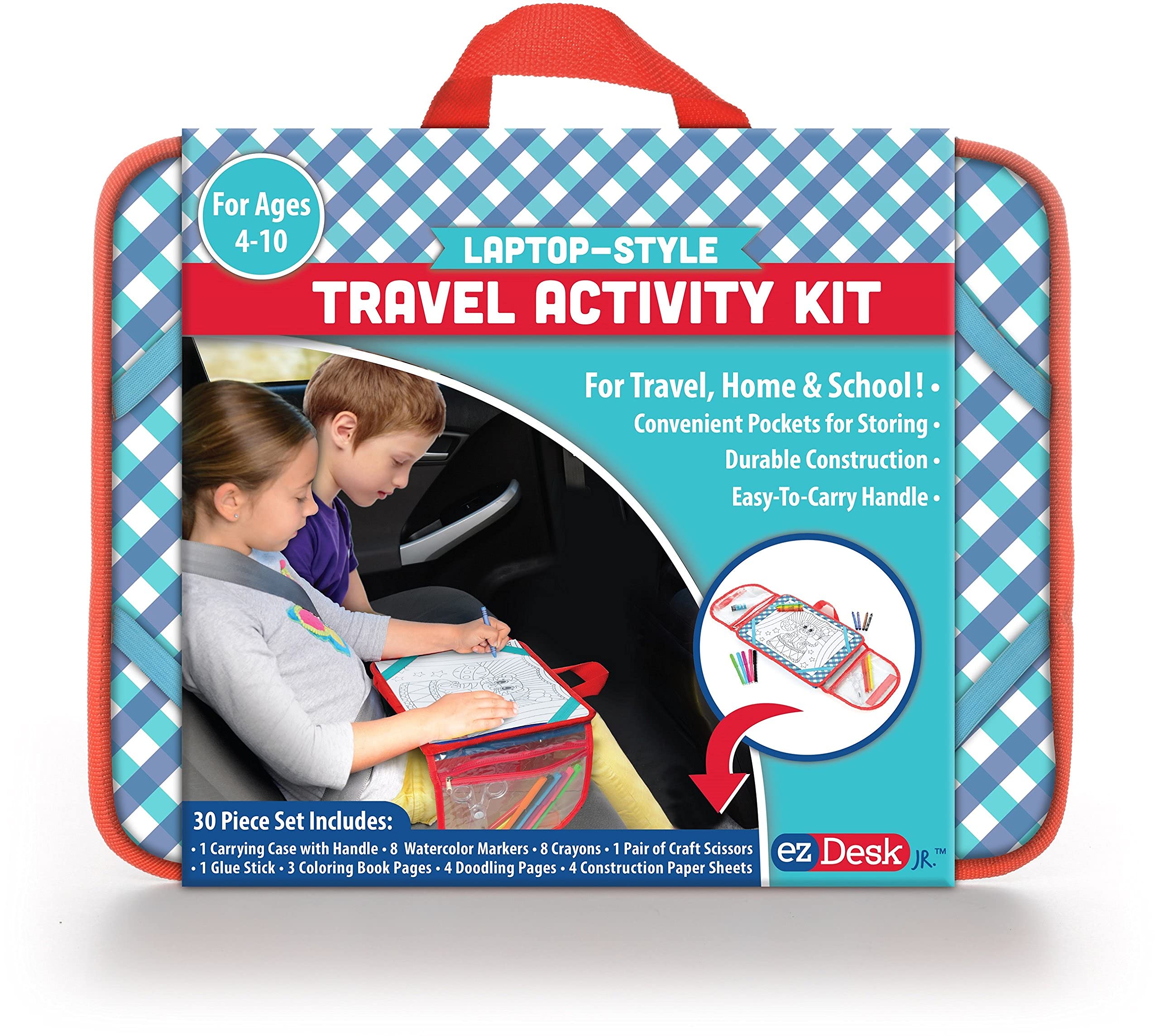 ezDesk Travel Activity Kit, Lap Desk with Cushion, Premium Activity Kit with Writing and Craft Supplies, 30-Piece Set, 12" x 19", Multicolor
