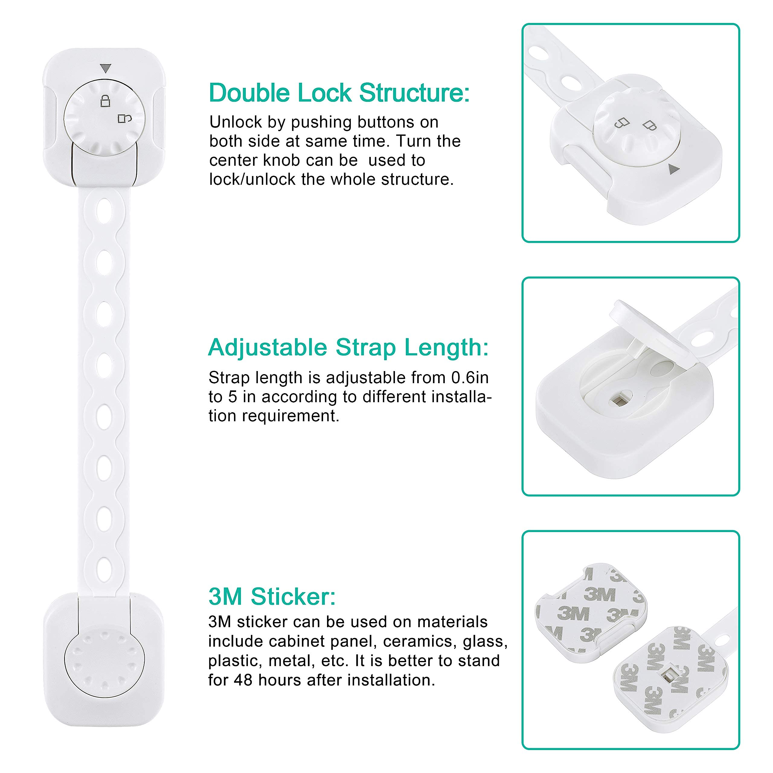 Baby Safety Locks (White, 6 Pack) for Drawers, Cabinets, Fridge, Oven and Toilet, Adjustable Strap Length, 3M Adhesive and Double Locking Protection, SANBRAGE Baby