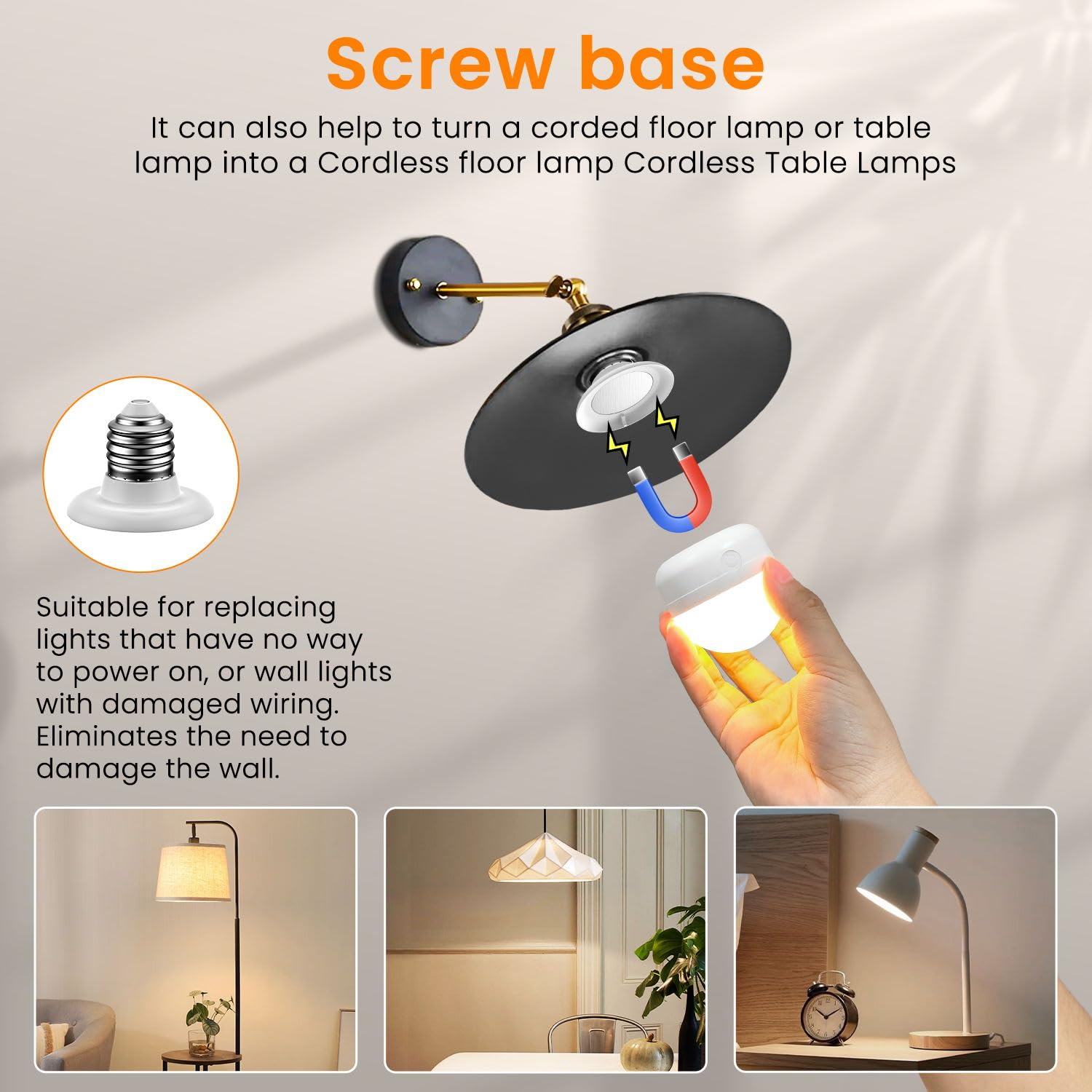 SCOPOW 2Packs E26 Rechargeable Light Bulbs with Remote Control Timer and 3 Color Temperature Magnetically Battery Operated Light Bulbs Dimmer for Non-Hardwired Detachable (5W+E26+3Colors+2PC)