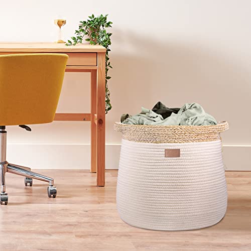Rope Basket Woven Storage Basket with Handles - Laundry Basket Large 17.3x 15 x 14.1 Inches Cotton Blanket Organizer, Baby Nursery Containers White Home Decor Gift