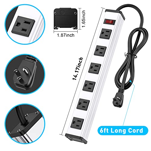 BERIGTTA Angled Flat Plug Metal Power Strip 6 Outlet, Wall Mount Workshop Power Strip with Switch for Home, Office, School, Workshop and Industrial Environments