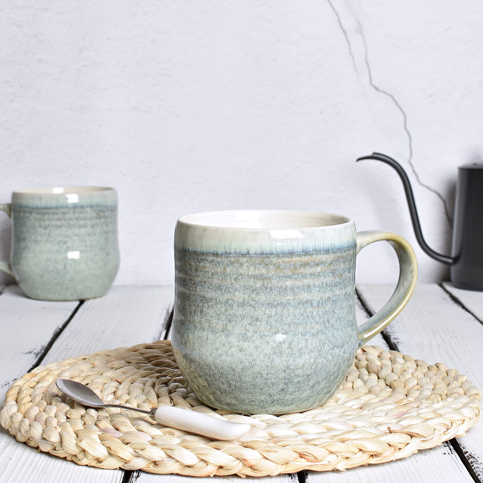 Bosmarlin Large Ceramic Coffee Mugs Set of 2, 17 Oz, Big Tea Cup for Office and Home, Dishwasher and Microwave Safe (Willow Green, 2)