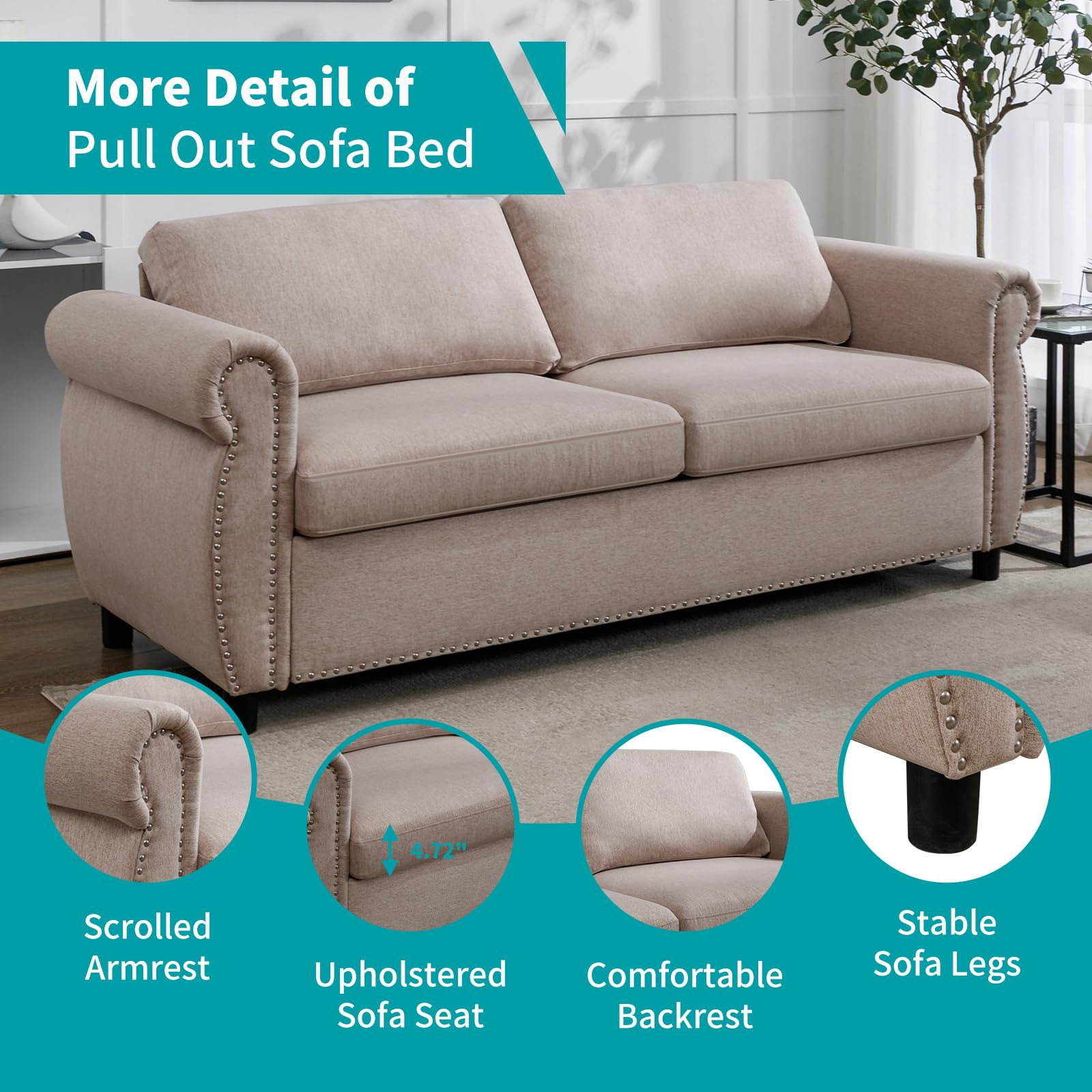 BALUS Queen Size 2-in-1 Pull Out Sofa Bed | Upholstered 2 Seat Memory Sponge Mattress Sofa | Convertible Couch Bed with Mattress | Sleeper Sofa Couch for Living Room Apartment Office - Beige