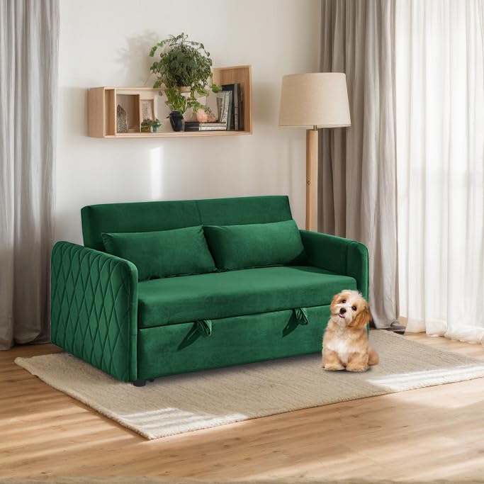 Mofolit Convertible Loveseat Modern Sleeper Sofa Bed, 3-in-1 Adjustable Sleeper Sofa Couch w/Pull-Out Bed, Pillows & Side Pocket & Velvet for Living Room,Apartment,Small Space 55.5β (Green)
