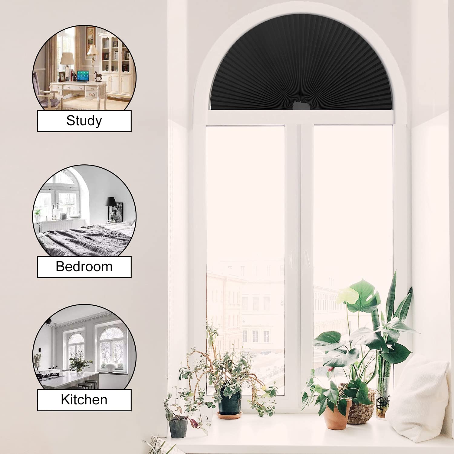 Arch Window shades Black Pleated Blinds Easy Cut and Install Pleated Shades Blackout Blinds Black 72” X 36” (Black)