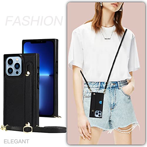 CCSmall for iPhone 13 Mini Wallet Case for Women,Removable Adjustable Strap Crossbody Card Holders Cover Neck Strap Lanyard Purse Shoulder Strap Kickstand Purse Case for iPhone 13 Mini KB Black