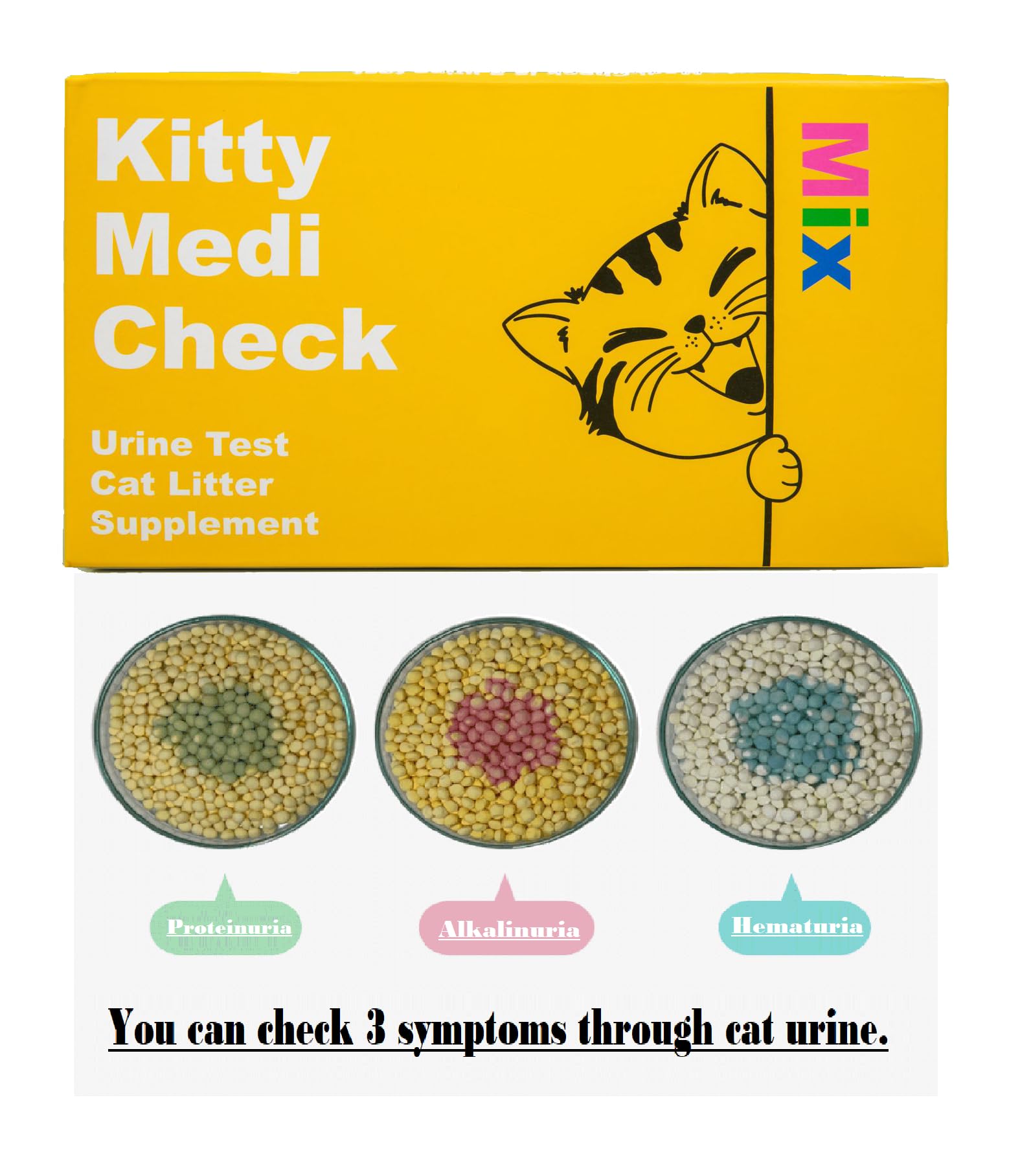 PETJOA Kitty-Medi-Check Cat Urine Health Test Kit, Easy Monitoring at Home,100% Eco-Friendly - Mix 3 Combo Pack (Alkalinuria, Proteinuria, Hematuria)-210g/7.4oz 100% Biodegradable.