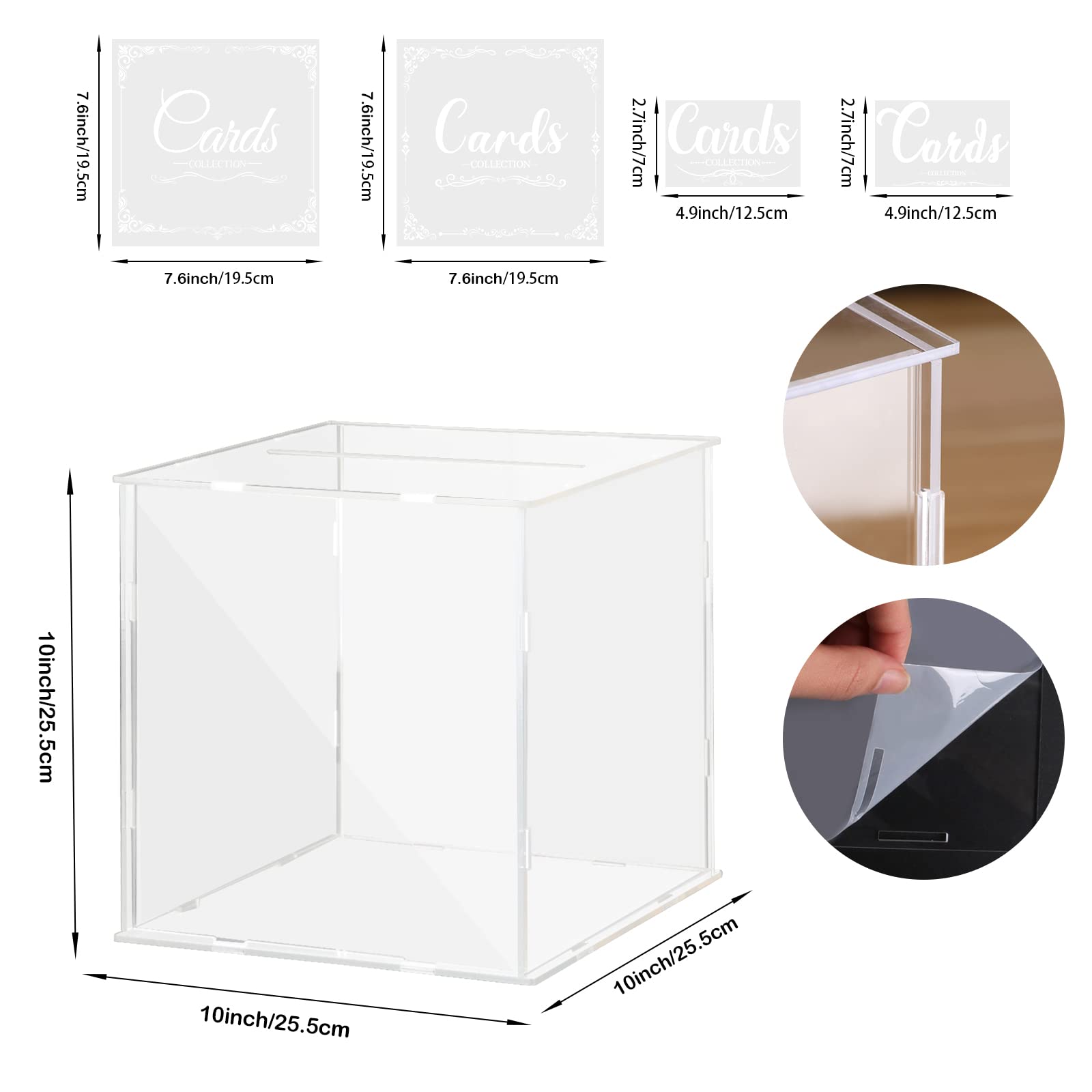 Clear Acrylic Wedding Card Box Large DIY Card Boxes with 4 "Card" Text Stickers Gift Card Box Money Box Holder for Wedding Reception Anniversary Birthday Party Baby Shower Graduation Decorations