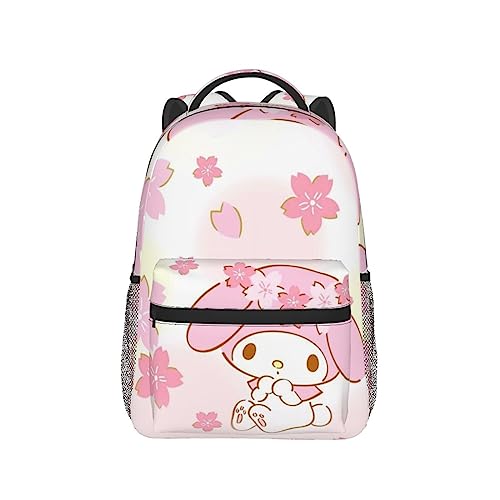 Cute My Bunny Melody And Flowers Backpack Cartoon My Bunny Melody Characters Backpack Double Shoulder Strap Adjustable Durable Laptop Bag Backpacks Lightweight Cute Travel Daypack With Keychain
