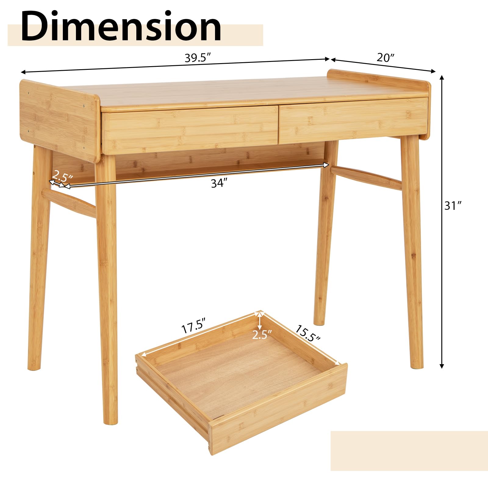 Tangkula Bamboo Mid Century Desk with 2 Storage Drawers, Home Office Study Writing Desk with Shelf & Cable Management Groove, Home Office Desk for Working & Learning