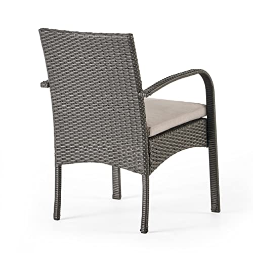 Christopher Knight Home Louise Outdoor Wicker Dining Set with Acacia Wood Table and Bench and Water Resistant Cushions, 6-Pcs Set, Sandblast Light Grey / Black Rustic Metal / Grey / Grey Cushions