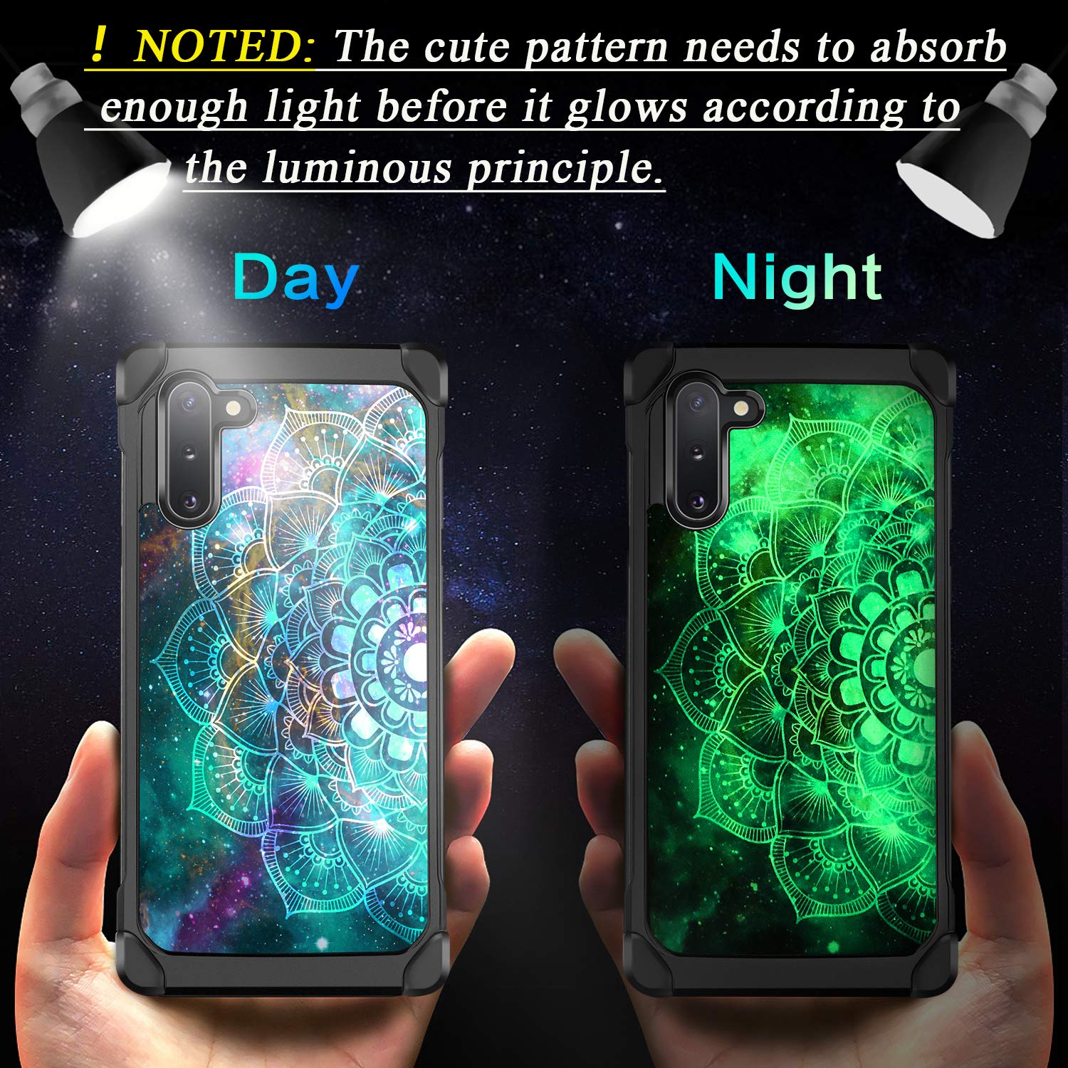 BENTOBEN Galaxy Note 10 Case, Shockproof Dual Layer Glow in the Dark Noctilucent Hybrid Hard PC Soft TPU Bumper Rugged Protective Phone Cases Cover for Samsung Galaxy Note10 6.3inch, Mandala in Galaxy