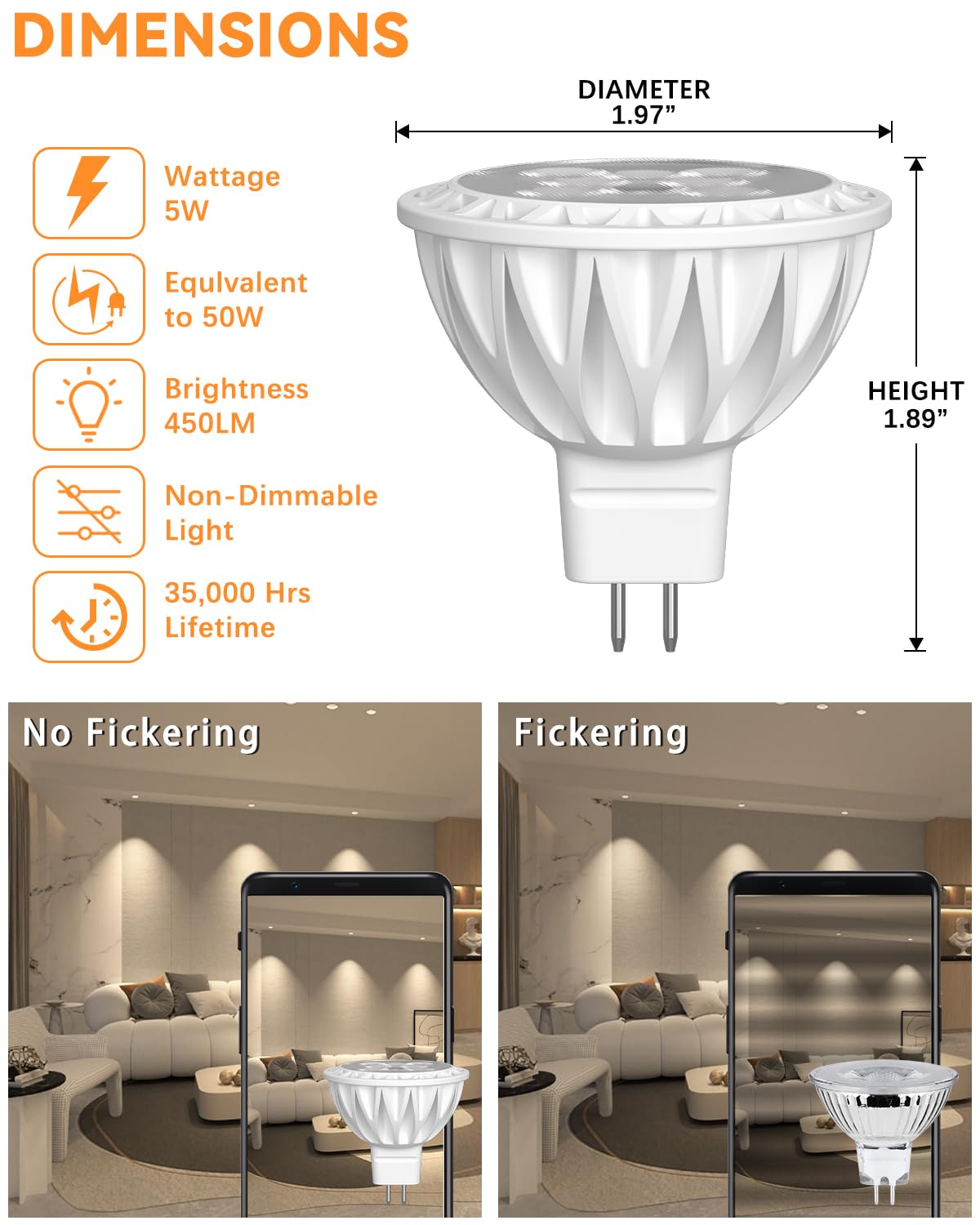 GOHDLAMP MR16 LED Bulbs 50W Halogen Equivalent Landscape Light Bulbs, 2700K Warm White 5W GU5.3 MR16 12V Spotlight Bulb, Non-Dimmable 38° Beam Angle for Landscape, Recessed, Track Lighting 6 Pack