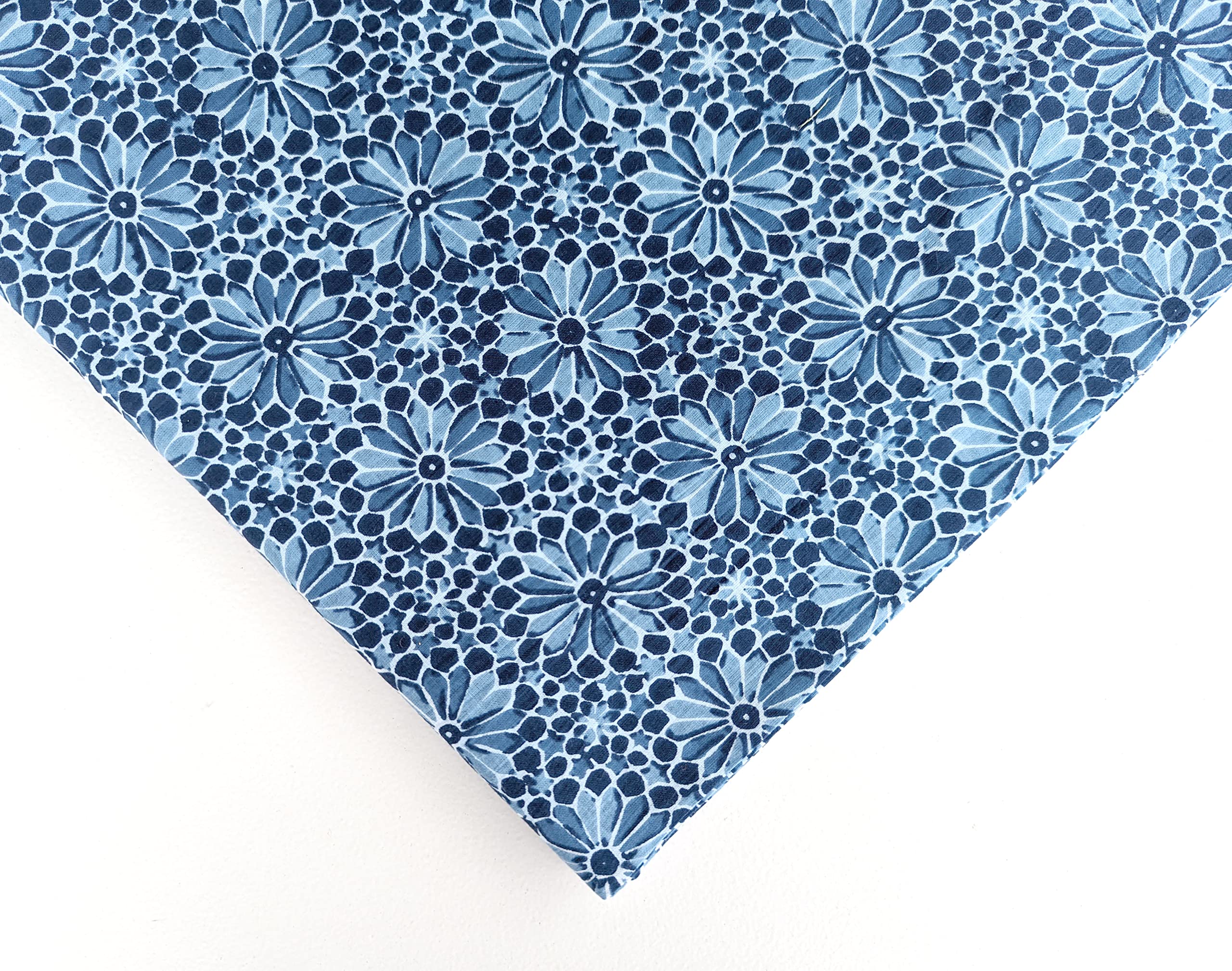 AVKA Studio Hand Block Print Fabric by The Yard - PRECUT 3 Yard 42 Inch Width - 100% Cotton Material - Indigo Blue & White Floral Pattern - Light Weight Indian Cloth for Making Summer Dress Project