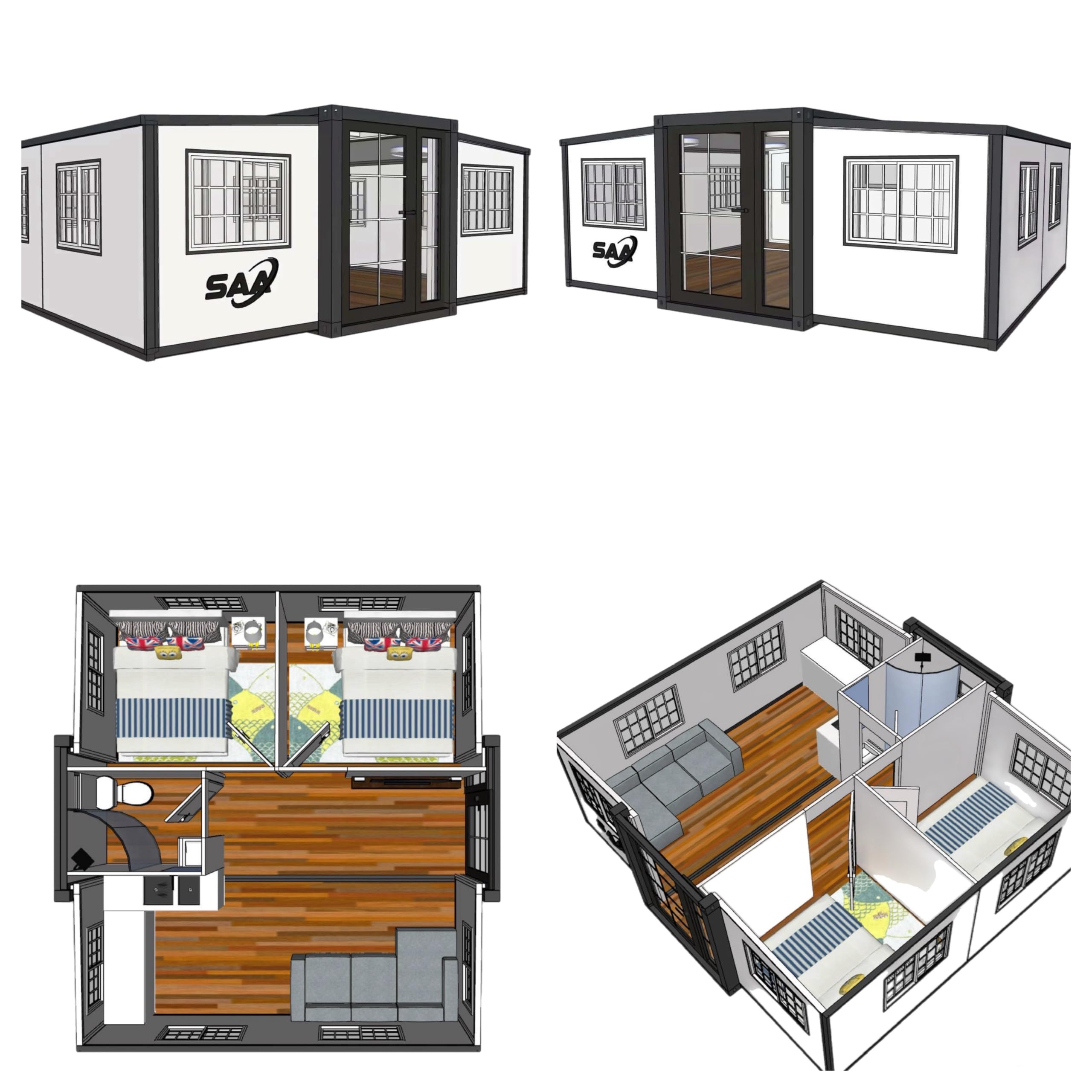 SAA Gray Modern House, 19 x 20 FT, 2 Rooms, 1 Bathroom & 1 Kitchen, Alloy Steel, Foldable Outbuilding β Light Blue Gray
