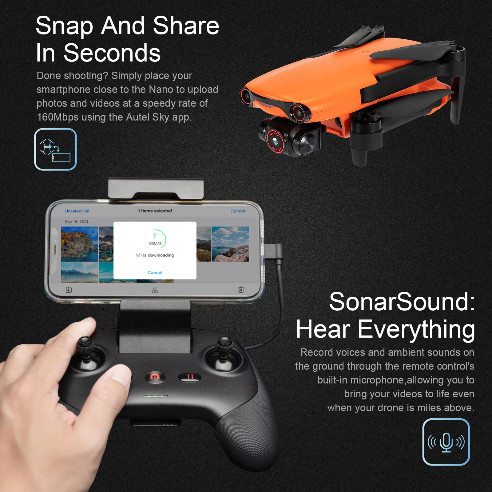 Autel Robotics EVO Nano+ Drone, 1/1.28" CMOS 50MP 4K/30fps HDR Video PDAF + CDAF Autofocus Tracking, 10km 2.7K Video Transmission, Ultralight Camera Quadcopter, Premium Bundle (Orange)