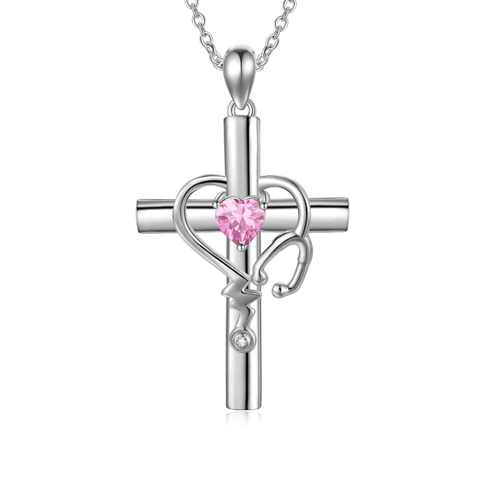 LONAGO Stethoscope Necklace Silver Cross Pendant Necklace with October Birthstone Stethoscope Jewelry Graduation Gift for Women