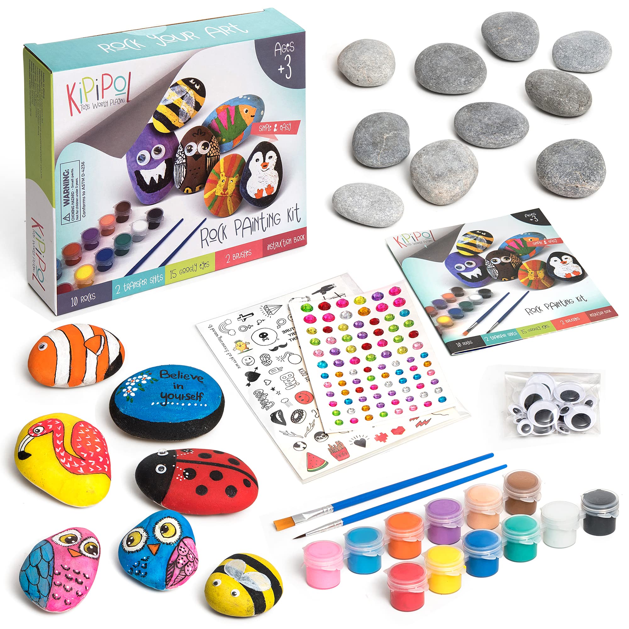 Kipipol Rock Painting Kit for Kids - DIY Arts and Crafts kit for Girls, Boys Ages 3, 4, 5, 6-12 - Kid Rock Art w/10 Rocks for Painting, 12 Acrylic Paints, 2 Brushes, 15 Googly Eyes, 2 Transfer Sheets