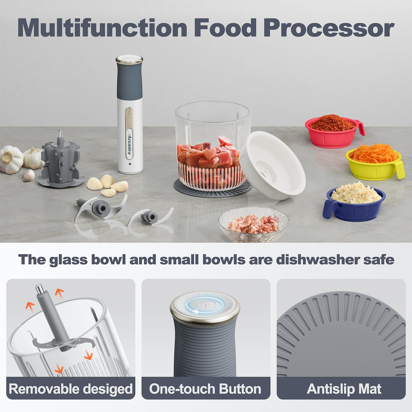 Arcmira Food Processor Cordless with 4 Bowls & 2 Blades, 3-in-1 Multifunction Electric Chopper/Meat Grinder/Vegetable Chopper/Garlic Peeler, Ideal for Chopping Meat, Veggie, Onion, Garlic & Baby Food