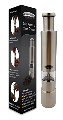 Avryware Stainless Steel Refillable Spice Grinder Mill For Salt, Pepper, and Seasoning - Thumb Operated Push Button For One Hand Grinding