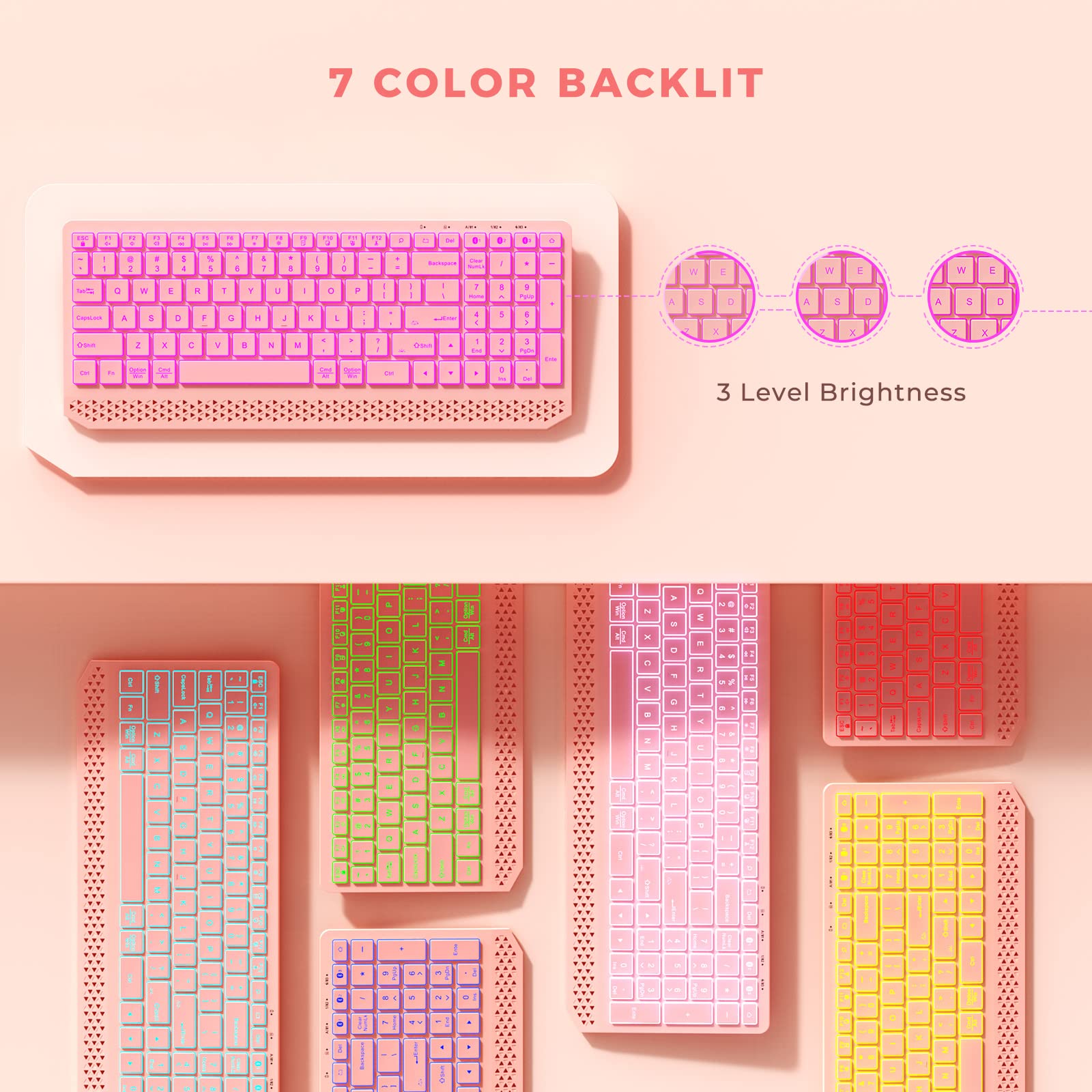 Backlit Bluetooth Keyboard for Mac/ Windows, Multi Device Ergonomic Wireless Rechargeable Mac Keyboard with 7-Colors Lights Compatible with Windows, Mac OS, Android, MacBook Air/Pro, Tablet-Pink