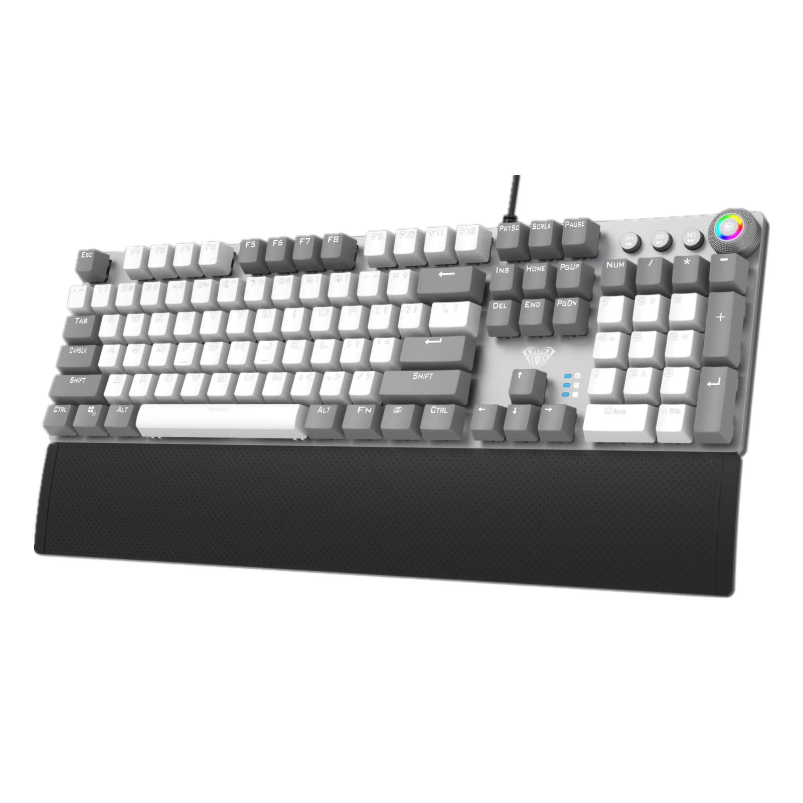 AULA F2088 Grey Mechanical Keyboard Wired with Wrist Rest, Media Knob, PBT Keycaps, White LED Backlit, 104 Keys Programmable Ergonomic Gaming Keyboards for PC MAC Desktop Computer Gamer (Black Switch)